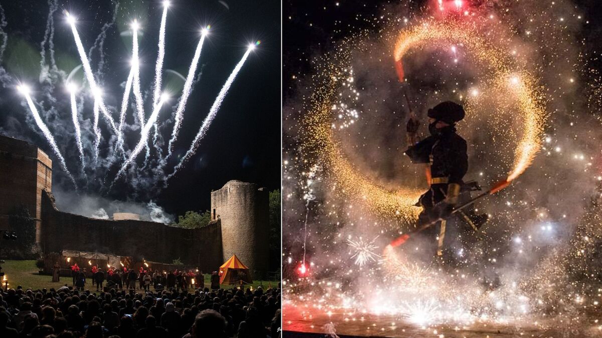 Un grand spectacle de feu et de pyrotechnie dans un château médiéval à ...